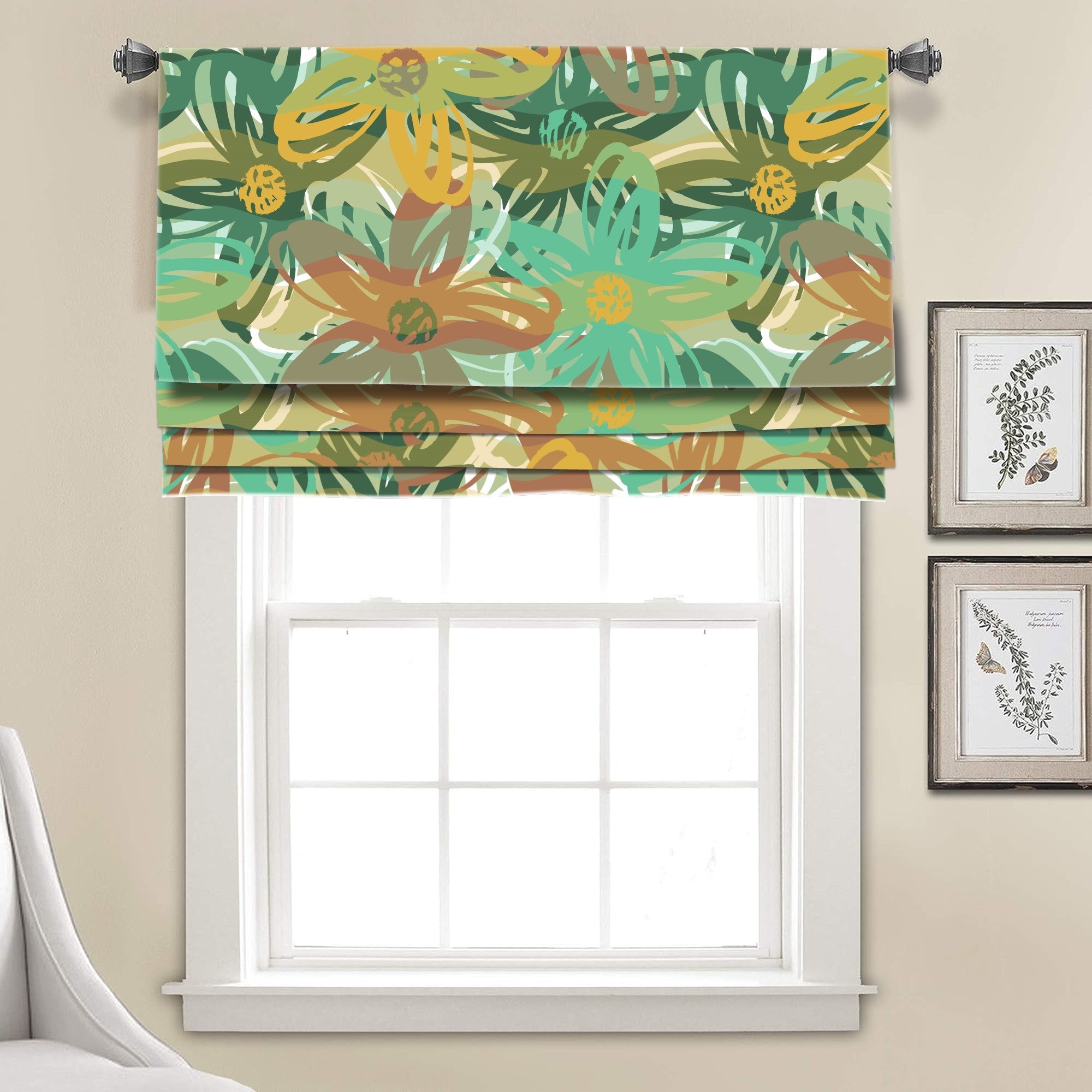Green Botanical Flower Natural Linen Faux Roman Shade Valance – Art Shades
