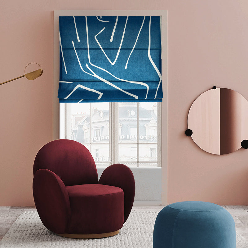 Contemporary Blue Abstract Line Pattern Linen Window Roman Shade – Art ...