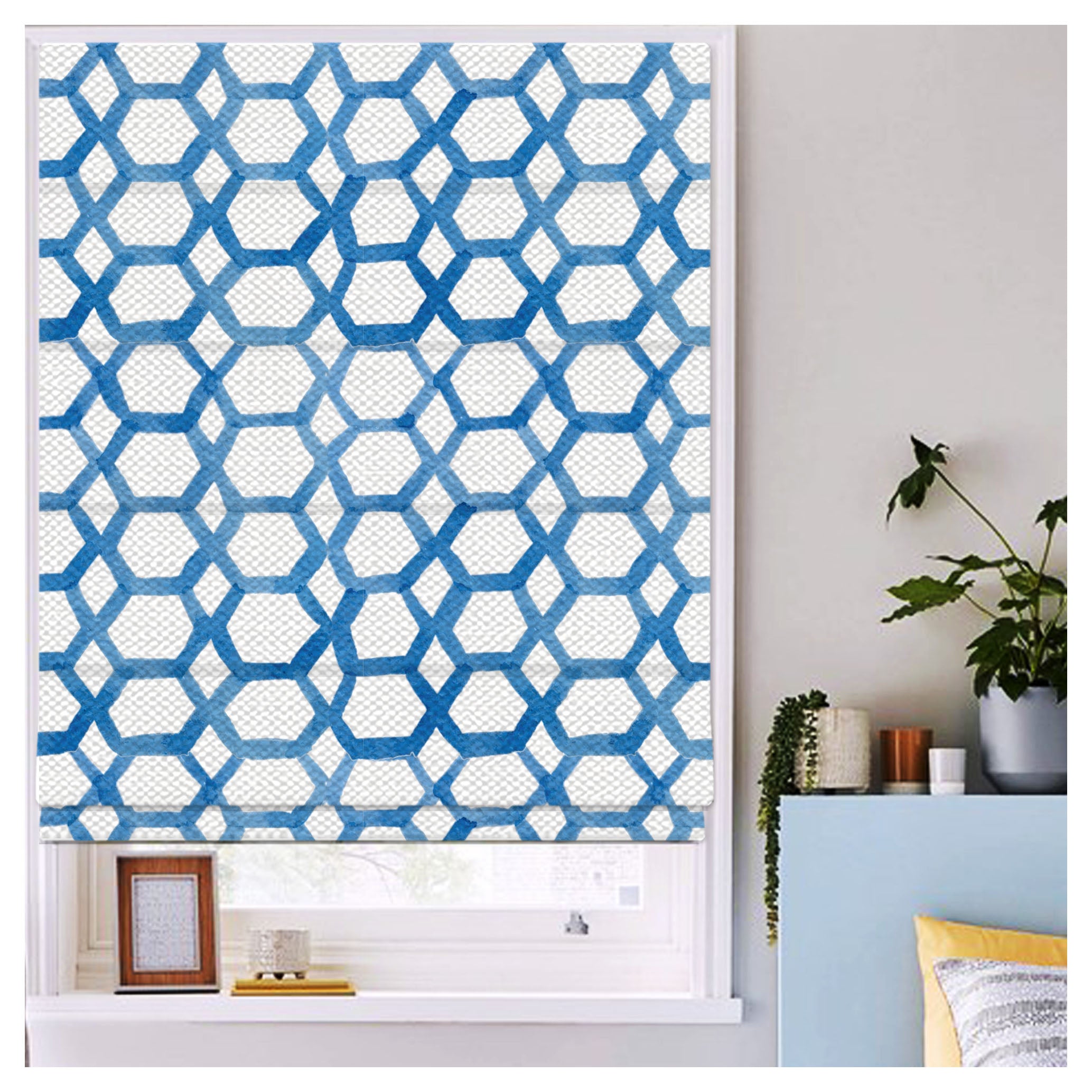 Blue Watercolor Hand Paint Geometry Window Roman Shade – Art Shades