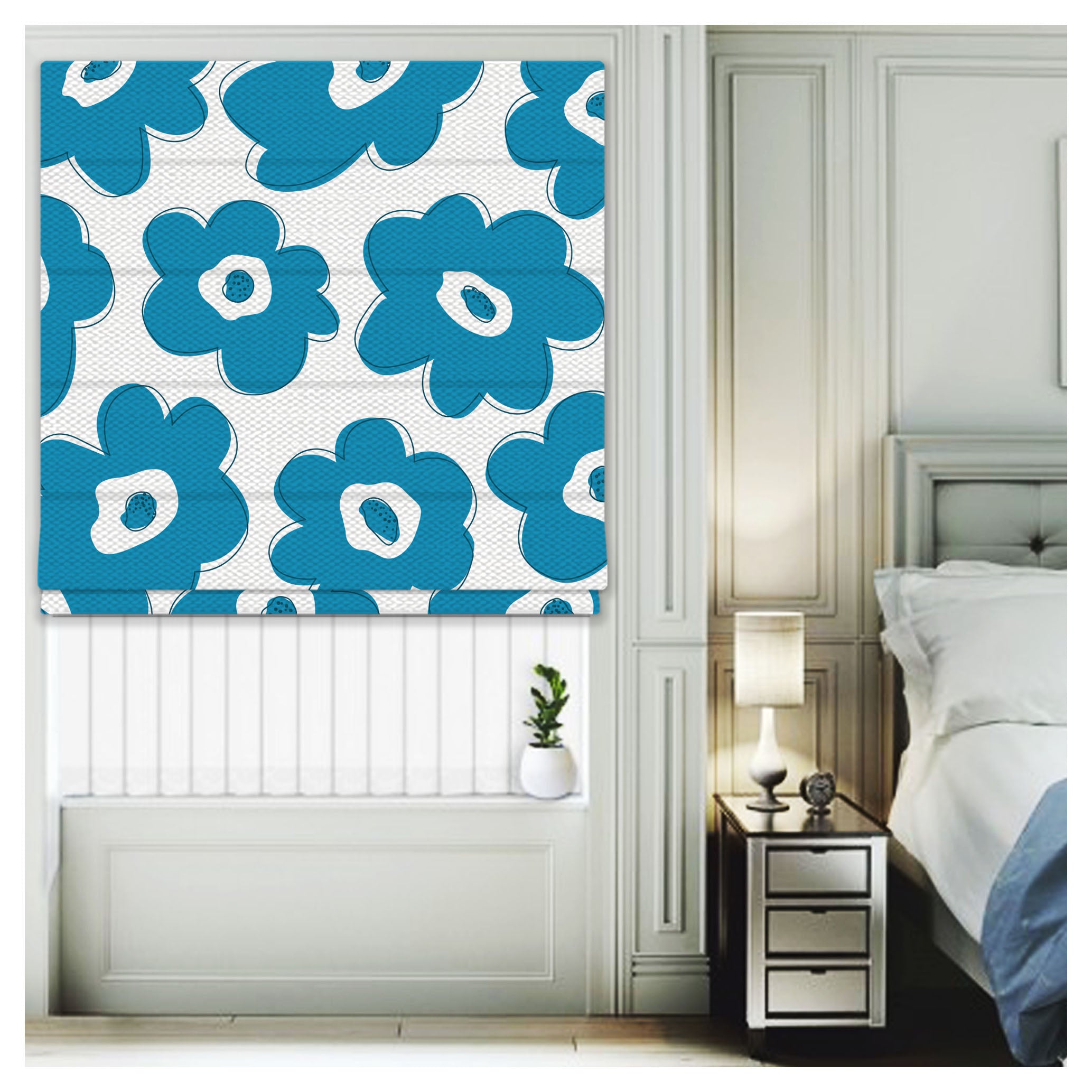 Coral Blue Hand Drawn Flora Pattern Print Window Roman Shade – Art Shades