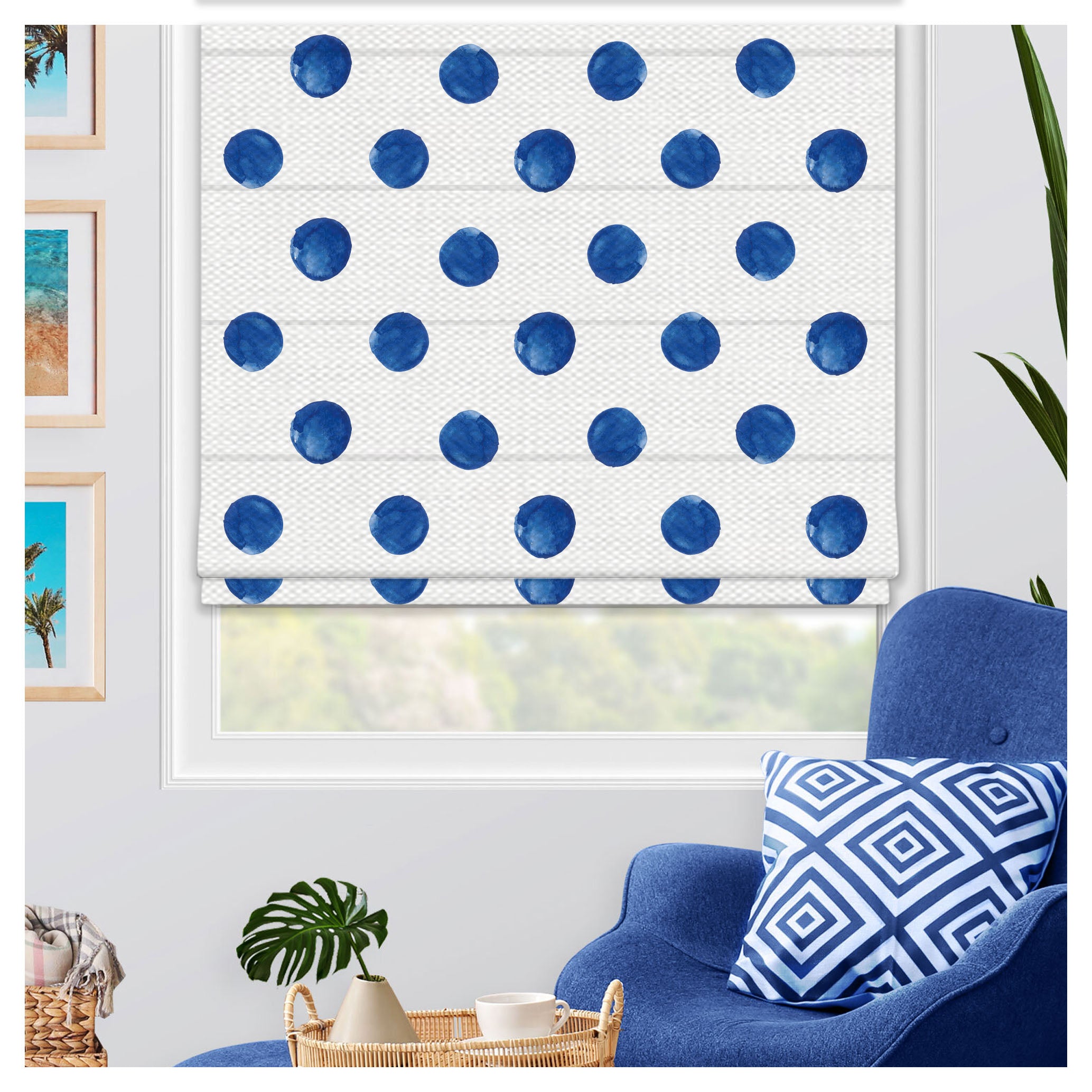 Watercolor Blue Polka Dots Scandinavian Print Window Roman Shade – Art ...