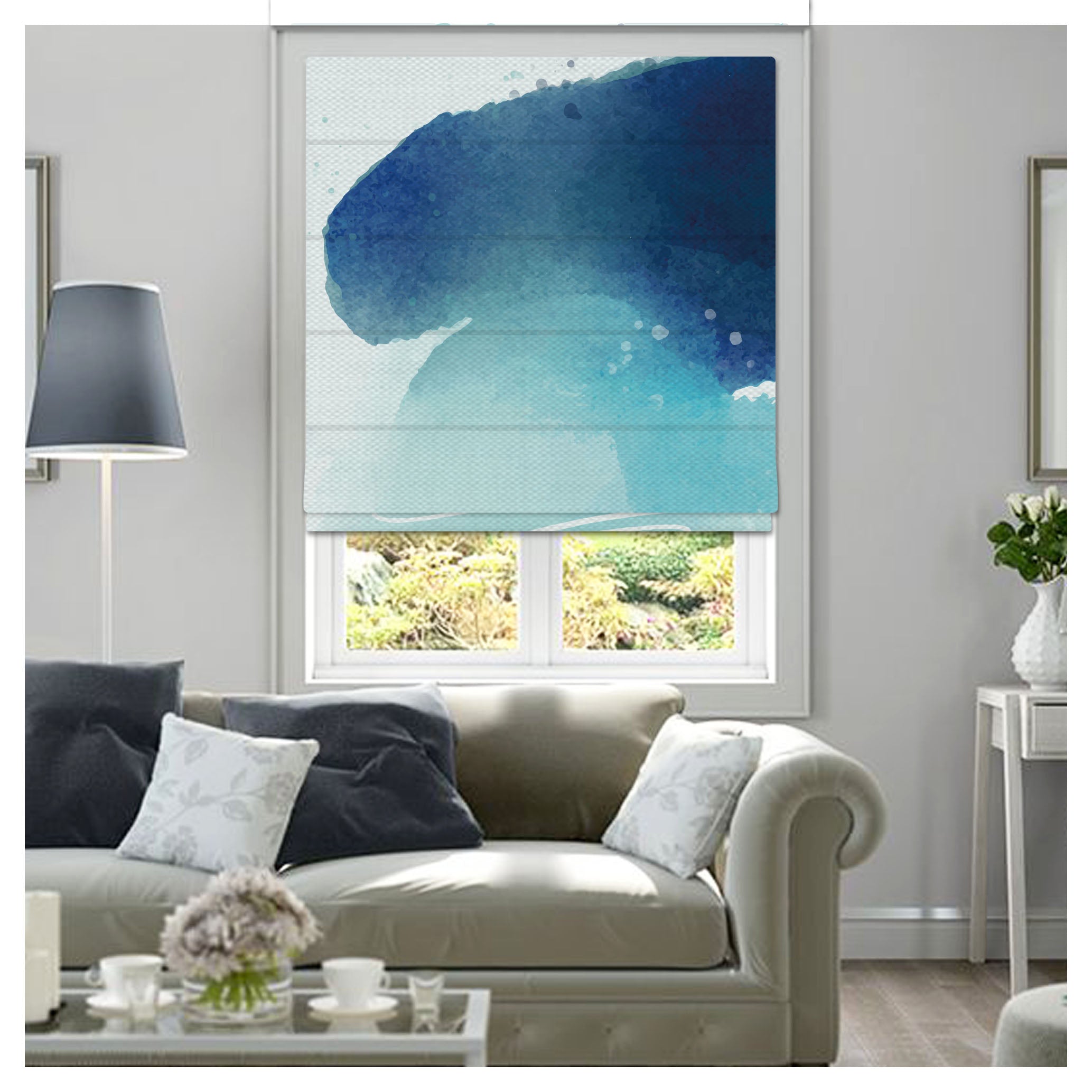 Modern Watercolor Blue Paints Window Roman Shade – Art Shades