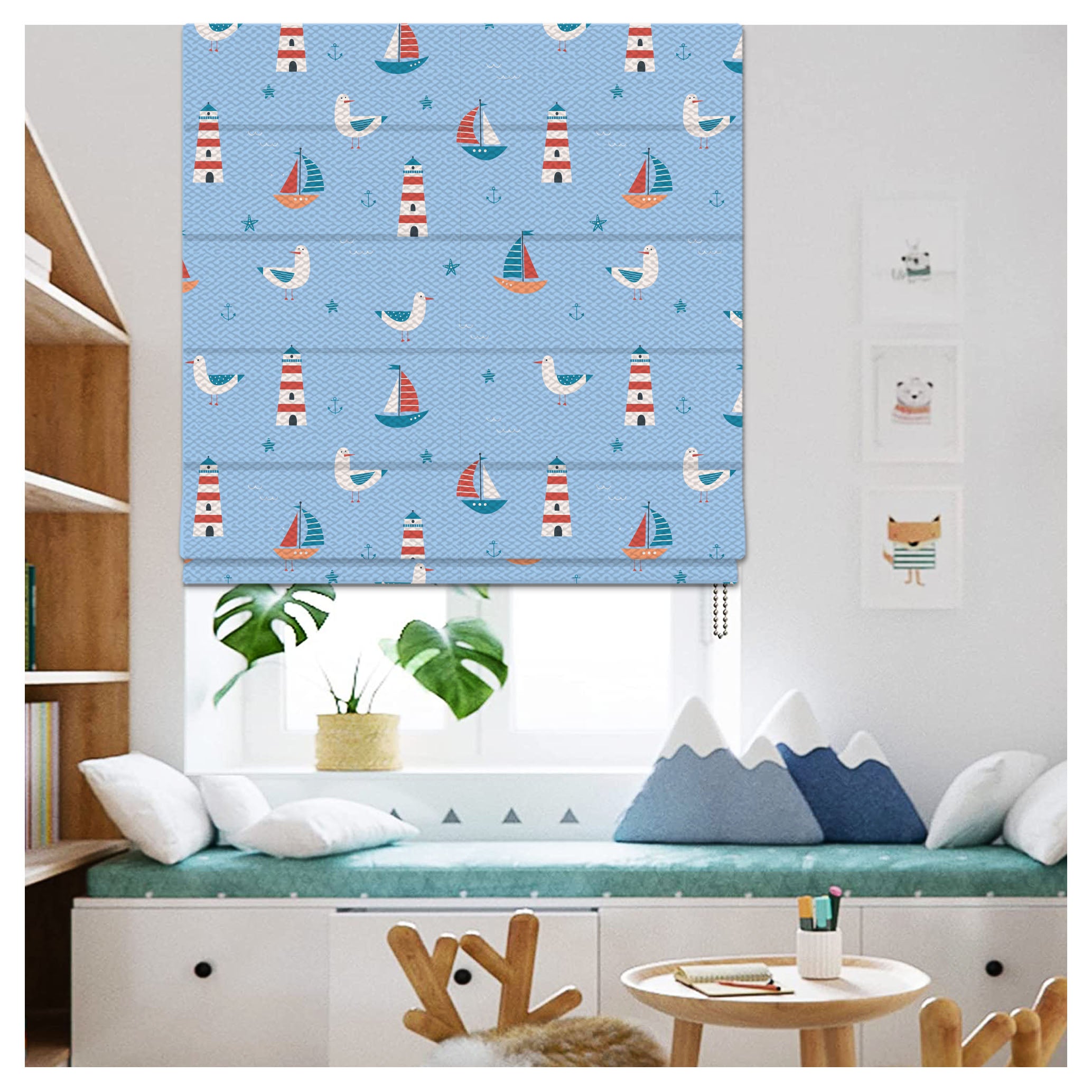 Seagull and Lighthouse Nursery Window Roman Shade – Art Shades