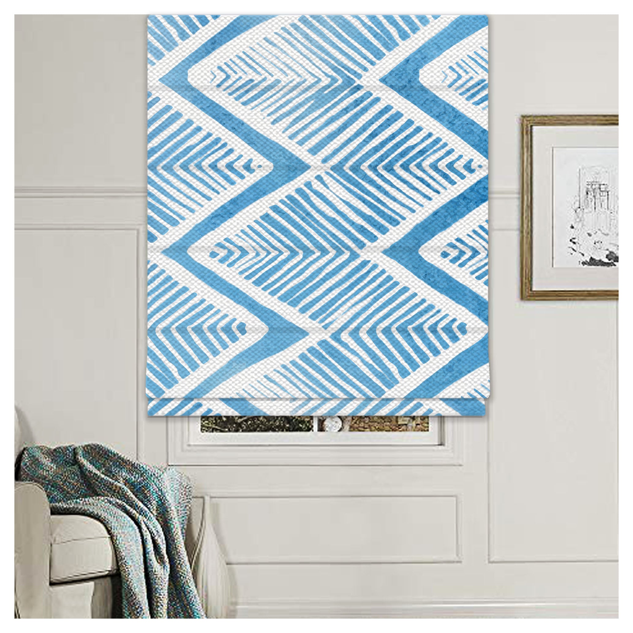 Blue Watercolor Geometry Window Roman Shade – Art Shades