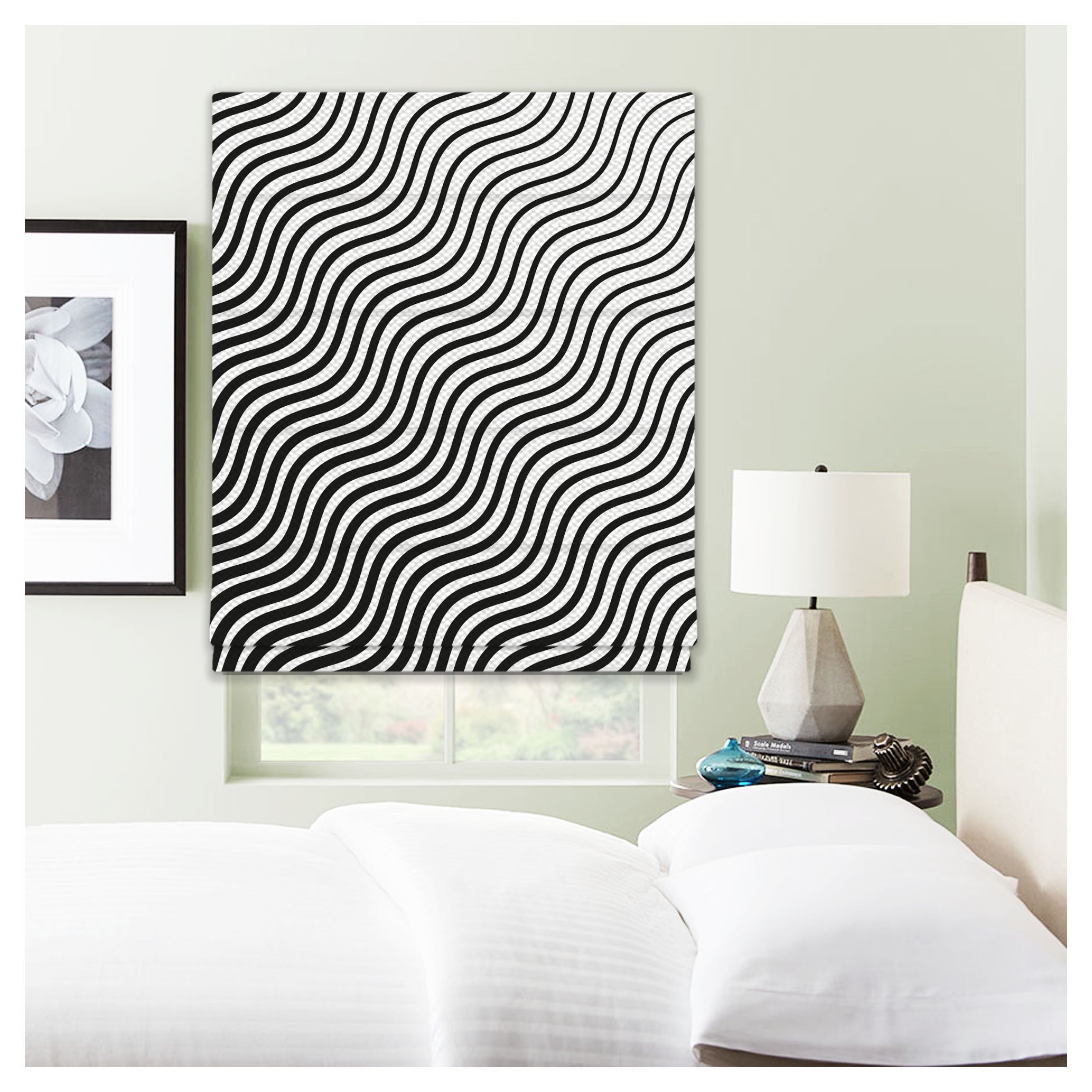 Black And White Geometric Wavy Pattern Window Roman Shade – Art Shades