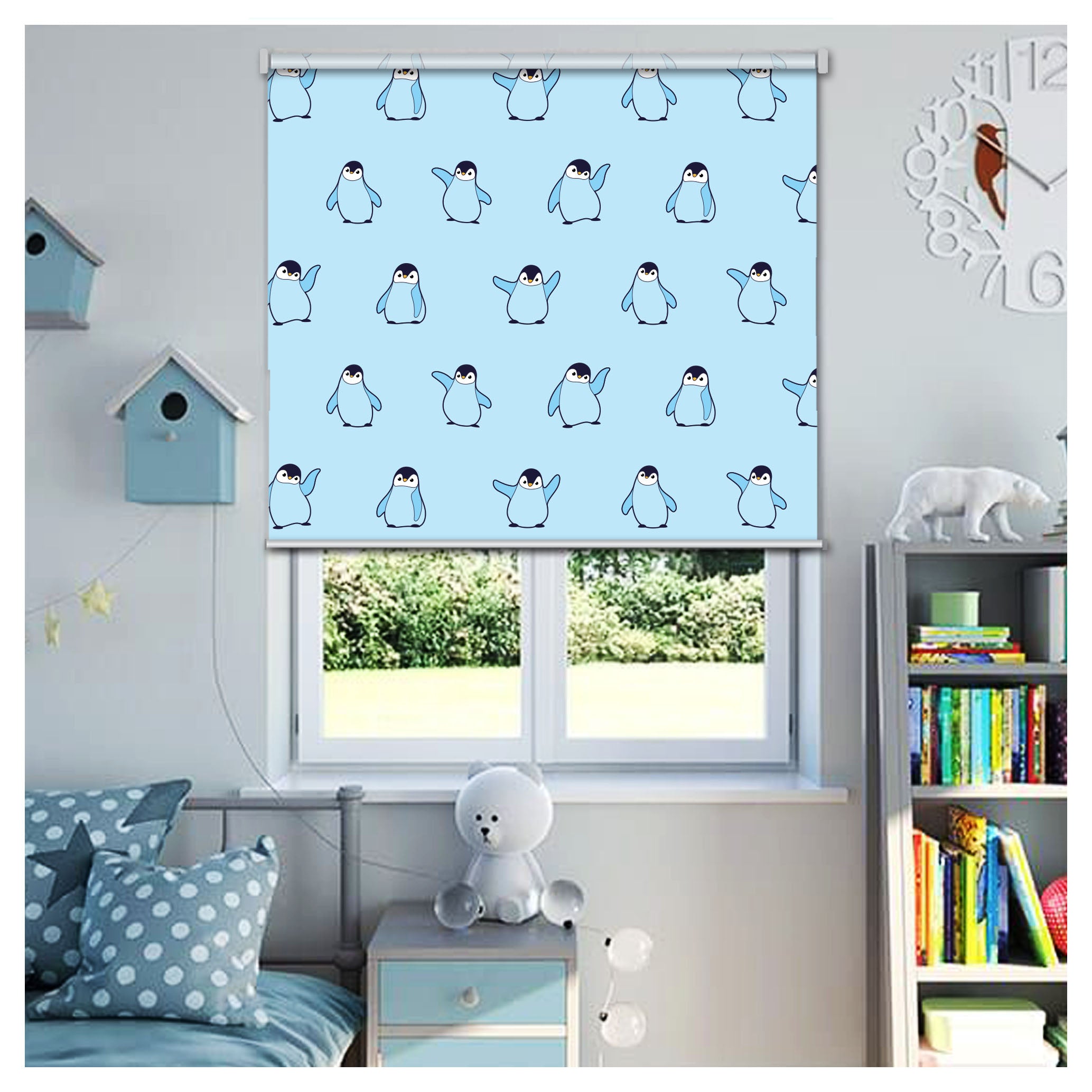Blue Penguins Nursery Kid Room Window Roller Shade – Art Shades