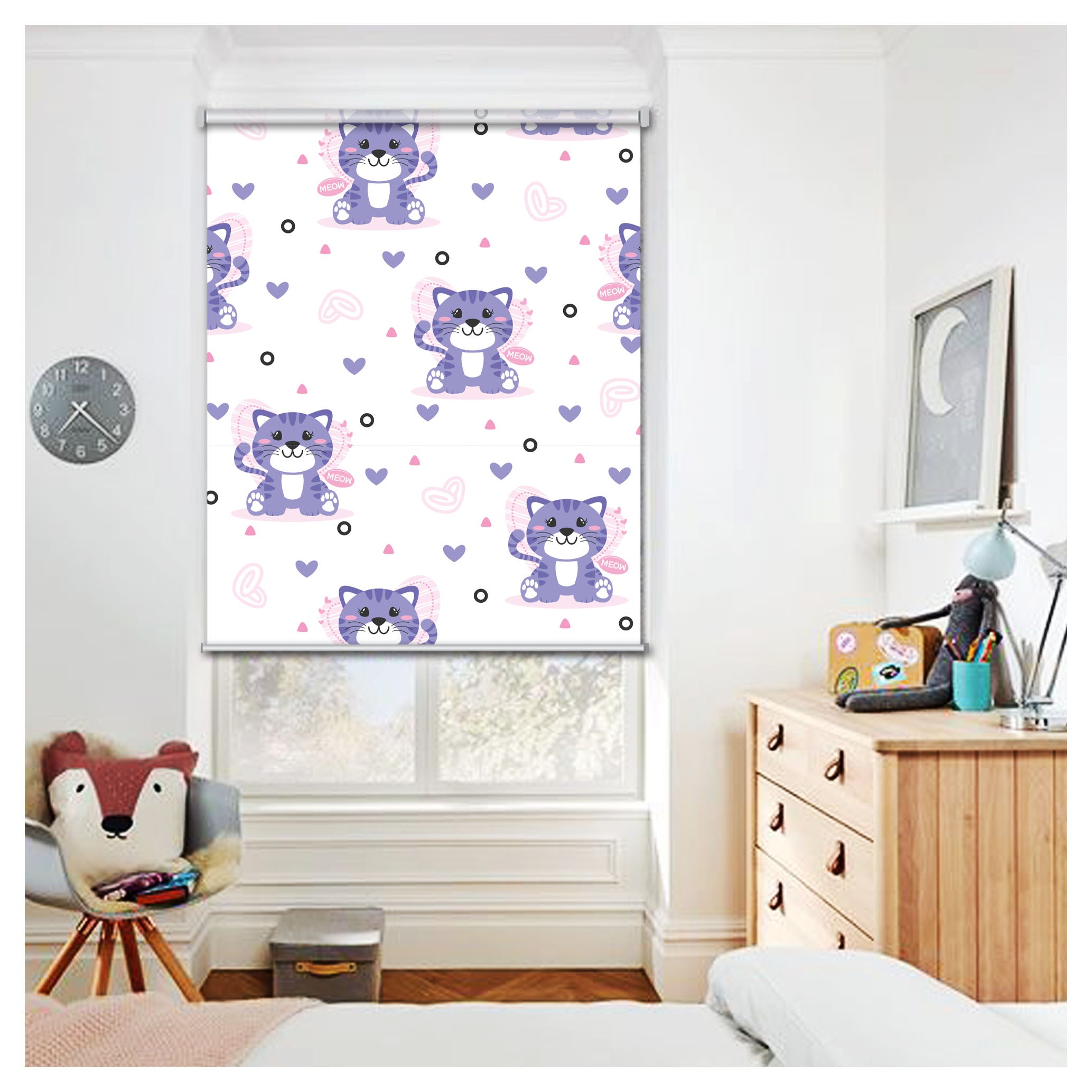 Cute Kitten Cartoon Pattern Print Theme Window Roller Shade – Art Shades